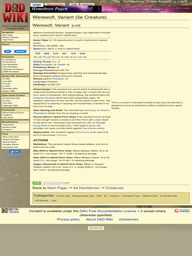 Werewolf, Variant (5e Creature) - D&D Wiki | PDF | Werewolves
