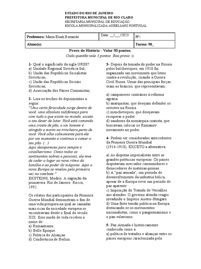 Prova 9º Ano 902 | PDF | Política mundial | Rússia