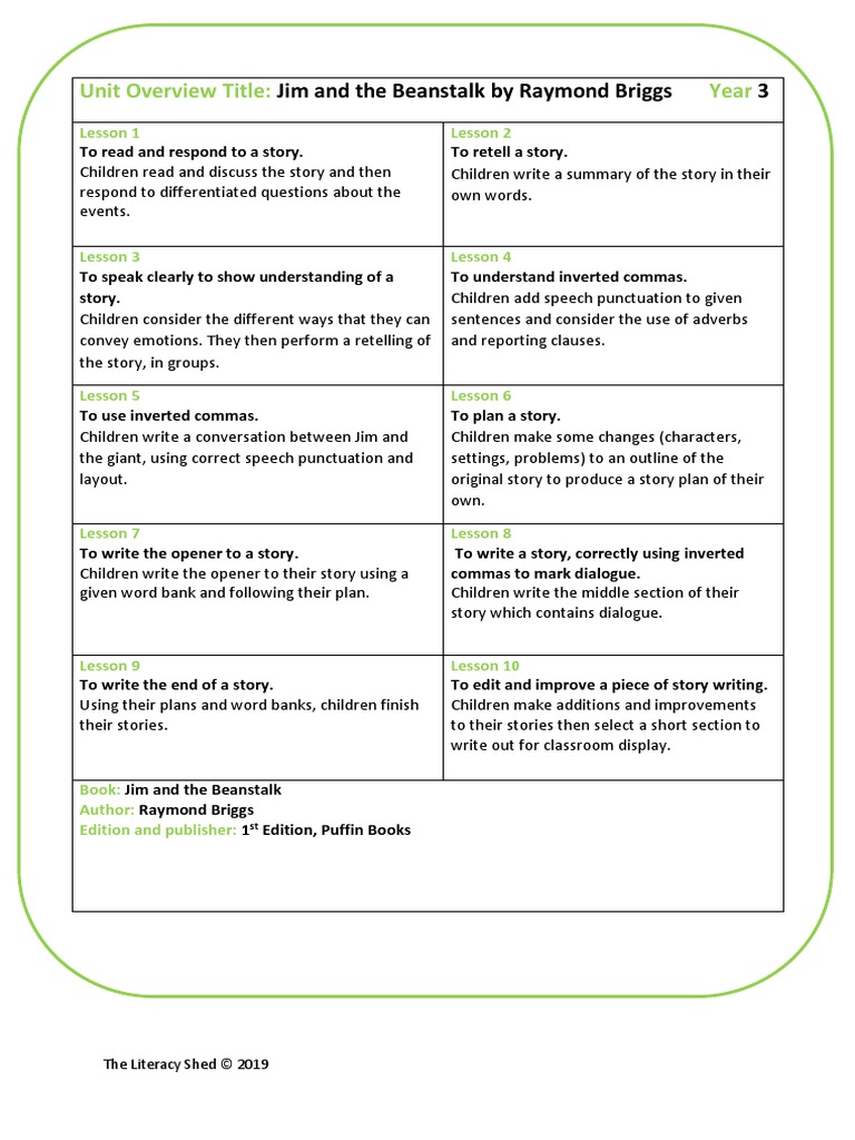 Jim and The Beanstalk by Raymond Briggs 7-9 - Unit Overview | PDF