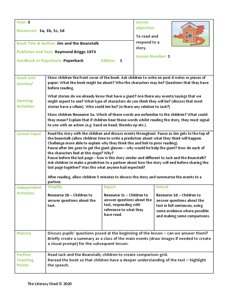 Jim and The Beanstalk by Raymond Briggs 7-9 - Lesson Planning | PDF ...