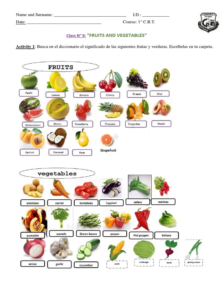 1 Inglés Clase Virtual N 9 Fruits And Vegetables Pdf