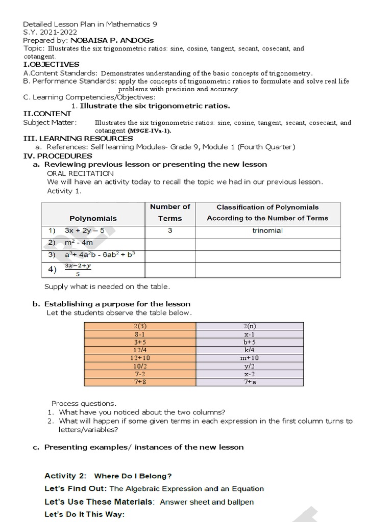 Detailed Lesson Plan in Mathematics 9-1 | PDF | Trigonometric Functions ...