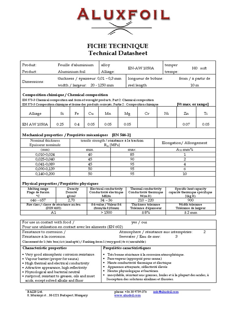 Fiche technique feuille d'aluminium EN-AW 1050A | PDF | Substances ...
