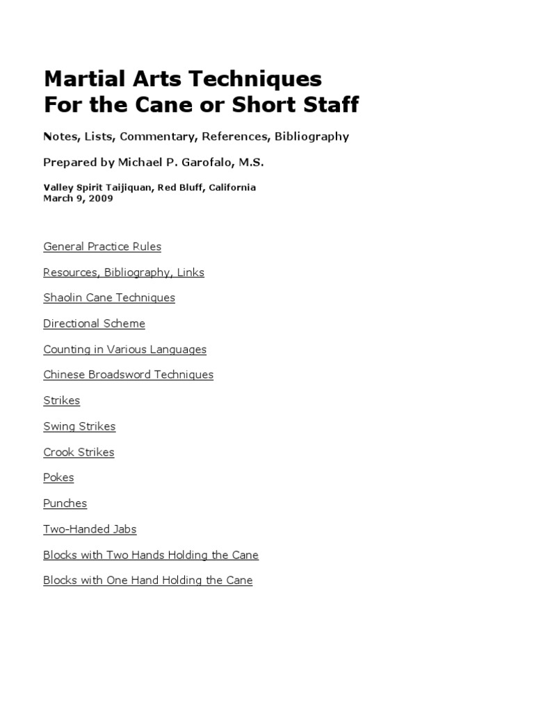 Cane Weapon Techniques | PDF | Tai Chi | East Asian Martial Arts