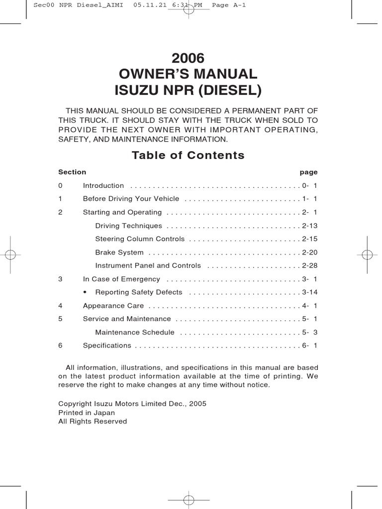 Dokumen - Tips 2006 Owners Manual Isuzu NPR Diesel Isuzu Introduction This Manual Has | PDF ...