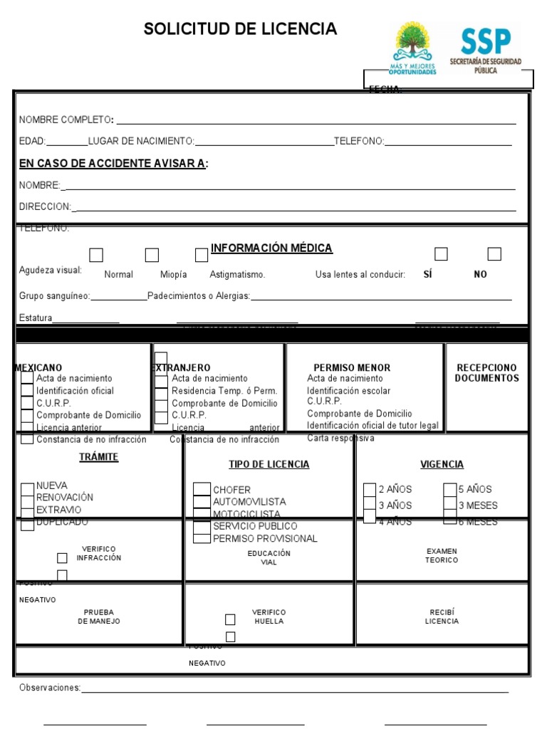 Solicitud de Licencia 1 | PDF | Licencia de conducir | Certificado de ...