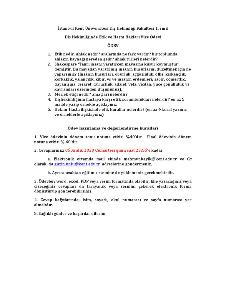 Vize Ödevi-Diş Hekimliğinde Etik ve Hasta Hakları | PDF