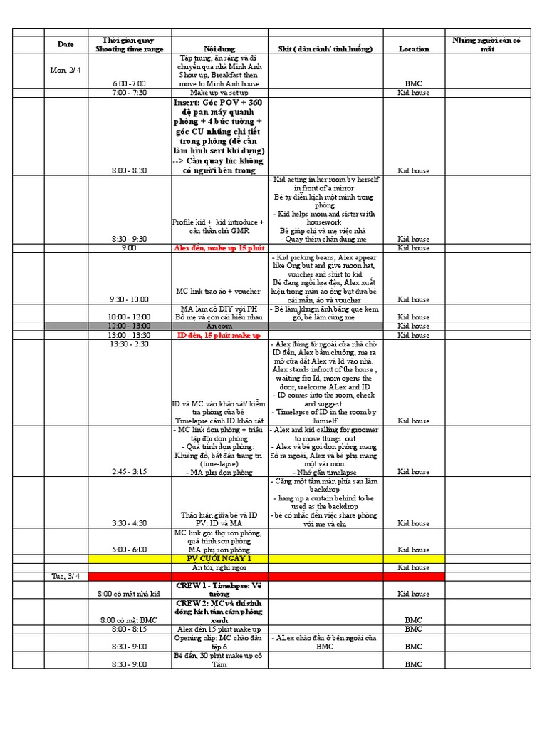GMR - Eps 6 - MINH ANH - Shooting Breakdown - PDF - Call Sheet | PDF