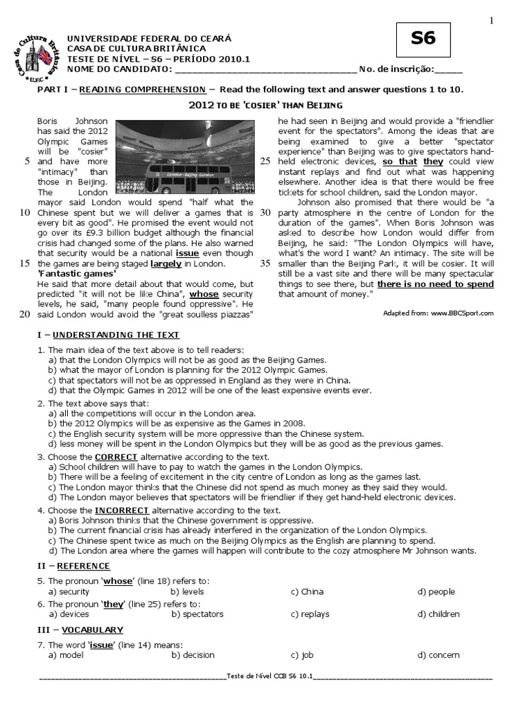Prova CCB s6 2010 1 | PDF | Olympic Games | Linguistics
