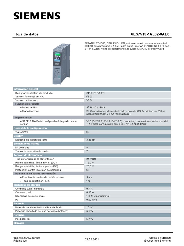 SIMATIC S7-1500, CPU 1513-1 PN - Datasheet - Es | Descargar gratis PDF | Telecomunicaciones ...