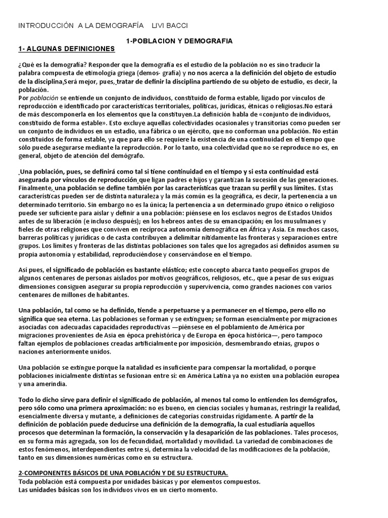 resumen INTRODUCCIÓN A LA DEMOGRAFÍA LIVI BACCI | PDF | Demografía | Población