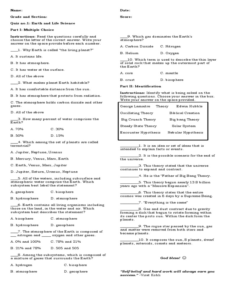 Quiz No.1 (Earth and Life Science) | PDF | Atmosphere | Planets