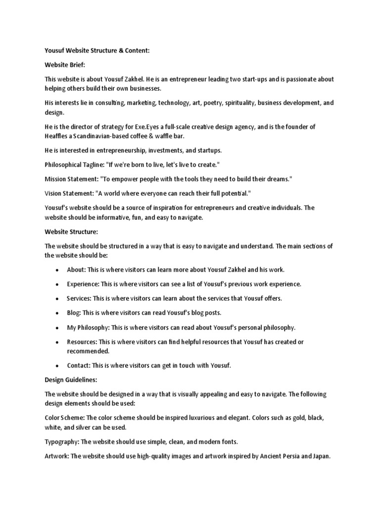 Yousuf Zakhel Website Design Brief | PDF | Entrepreneurship | Startup ...