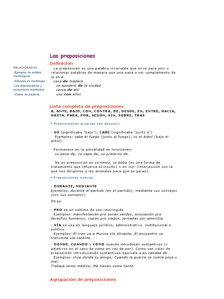 La preposición en español definición concepto ejemplos lista completa y ...