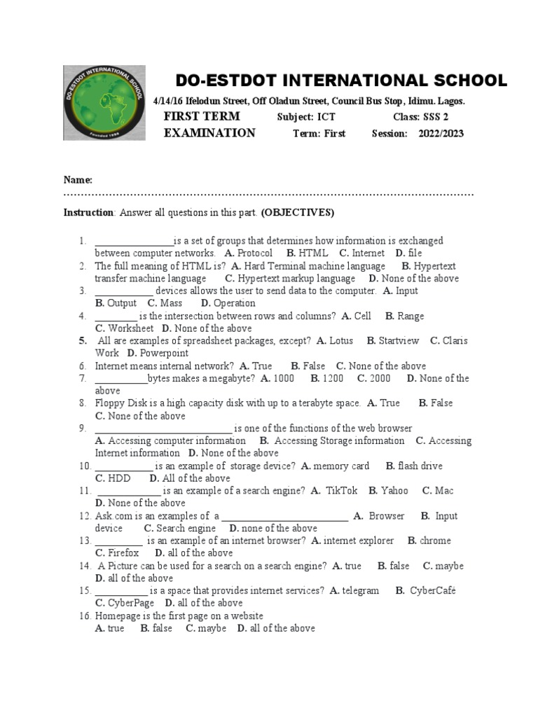 SSS 2 ICT (First TERM EXAM) 2022-2023 | PDF | Internet | Computer Data ...