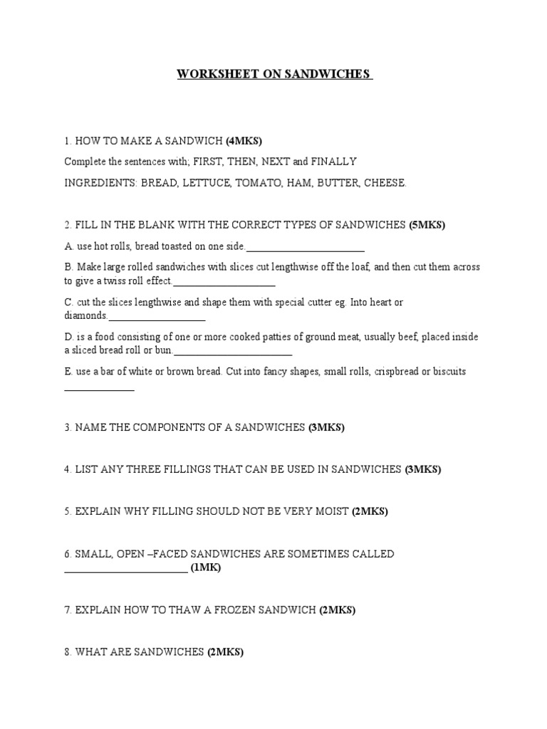 Worksheet On Sandwiches | PDF | Cooking, Food & Wine
