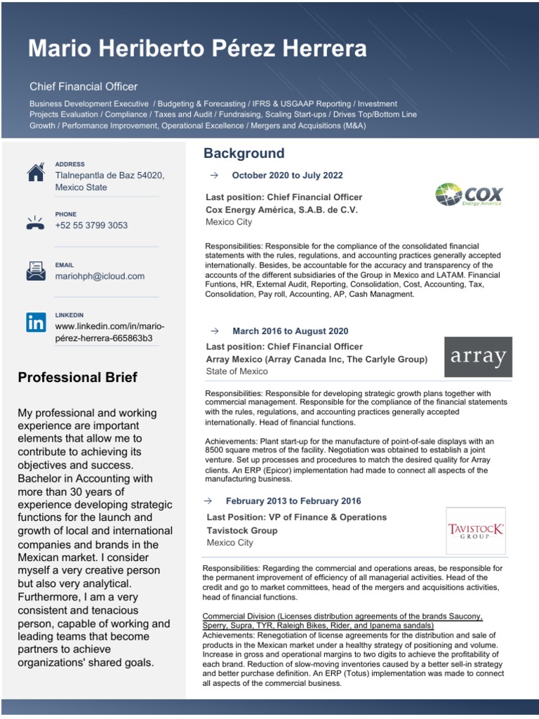 CV CFO Mario Perez Ago 22 | PDF | Chief Financial Officer | Enterprise ...