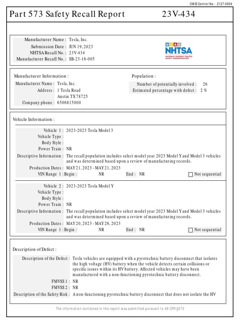 Tesla Model 3 Model Y Pyrotechnic Battery Disconnect Recall | PDF ...