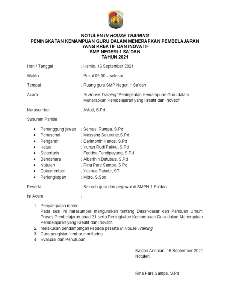 Notulen in House Training SMPN 1 Sa'dan | PDF