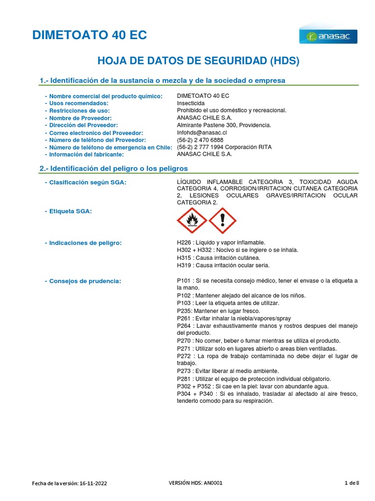 Dimetoato 40 Ec - HDS 3 | PDF | Agua | Contaminación