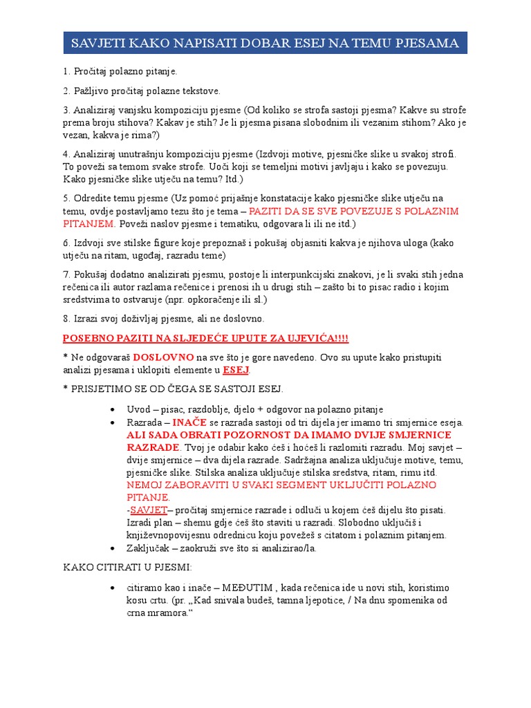 Savjet Kako Napisati Esej Na Temu Pjesama | PDF