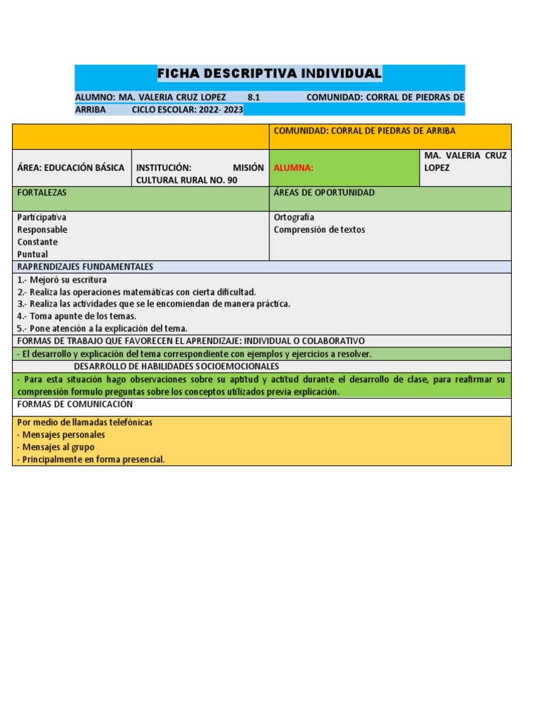 Fichas Descriptivas Individuales de Educacion Basica | PDF | Educación primaria | Aprendizaje