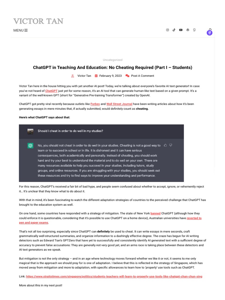 ChatGPT In Teaching And Education No Cheating Required Part I