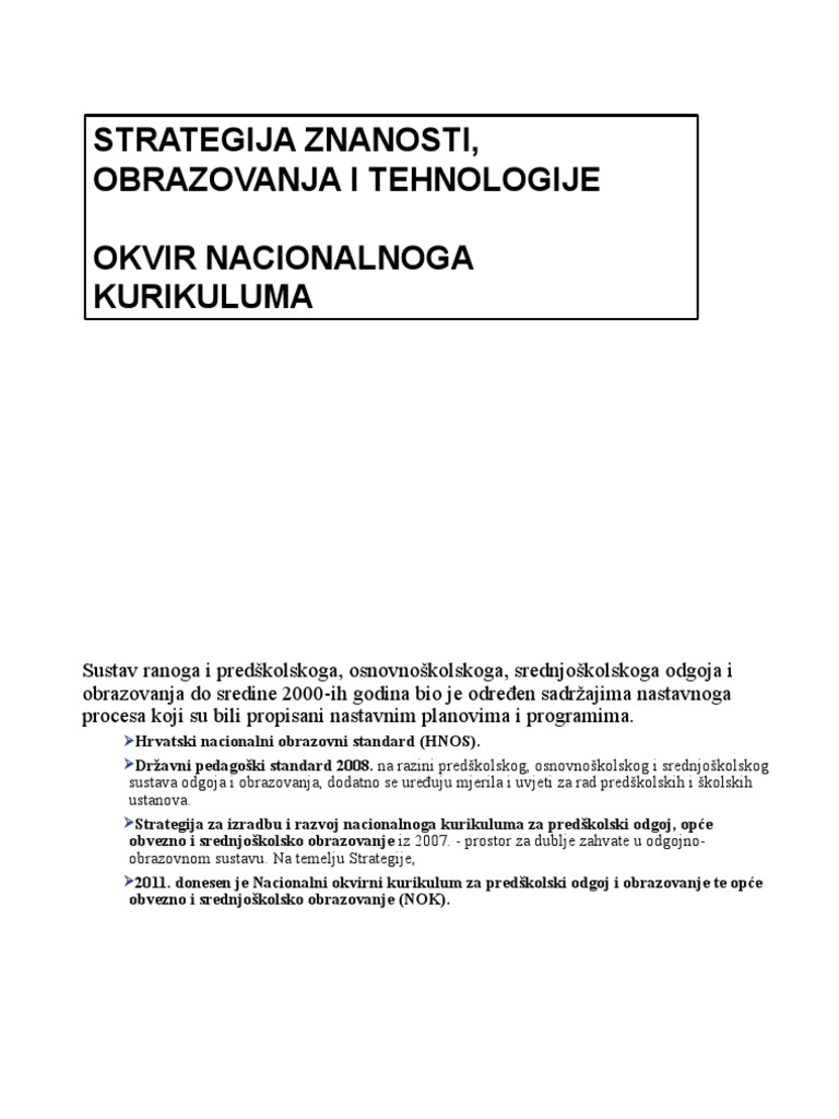 Okvir Osnovne I Srednje Skole Kurikulum | PDF