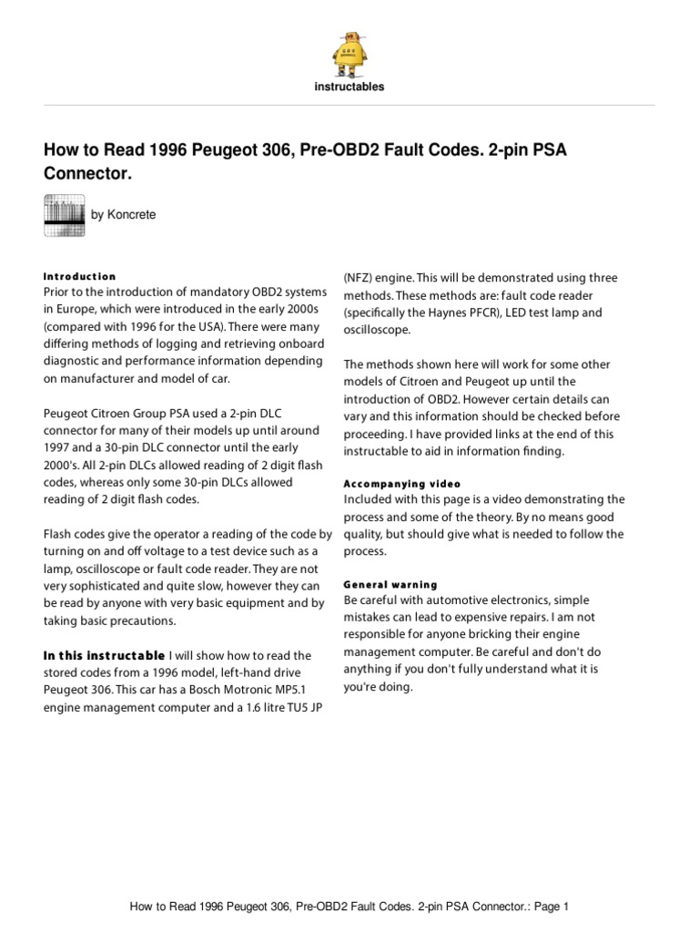 Reading 1996 Peugeot 306 Phase 1 Fault Codes 2 Pin | Download Free PDF | Electrical Connector ...