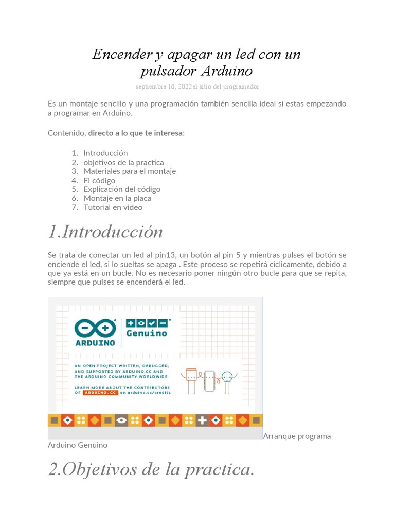 Encender y Apagar Un Led Con Un Pulsador | PDF | Arduino | Diodo emisor de luz