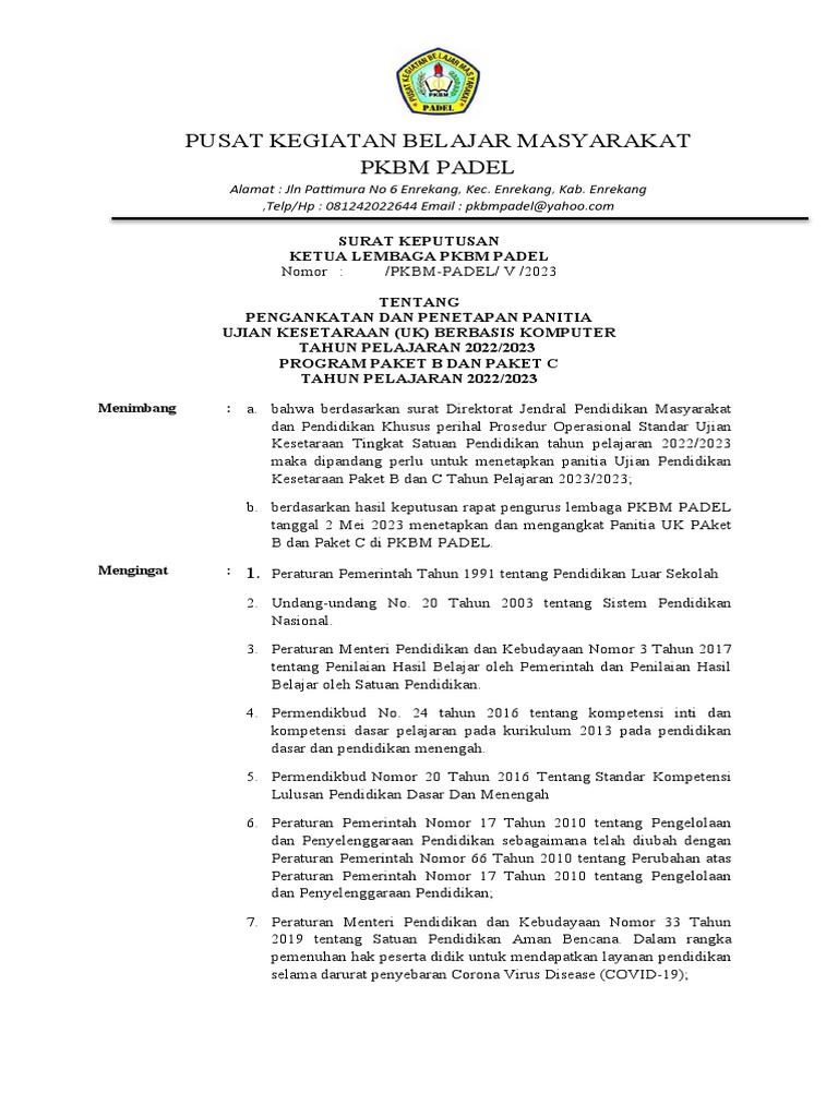 SK Panitia UPK PAKET B DAN C TP 2020-2021 | PDF