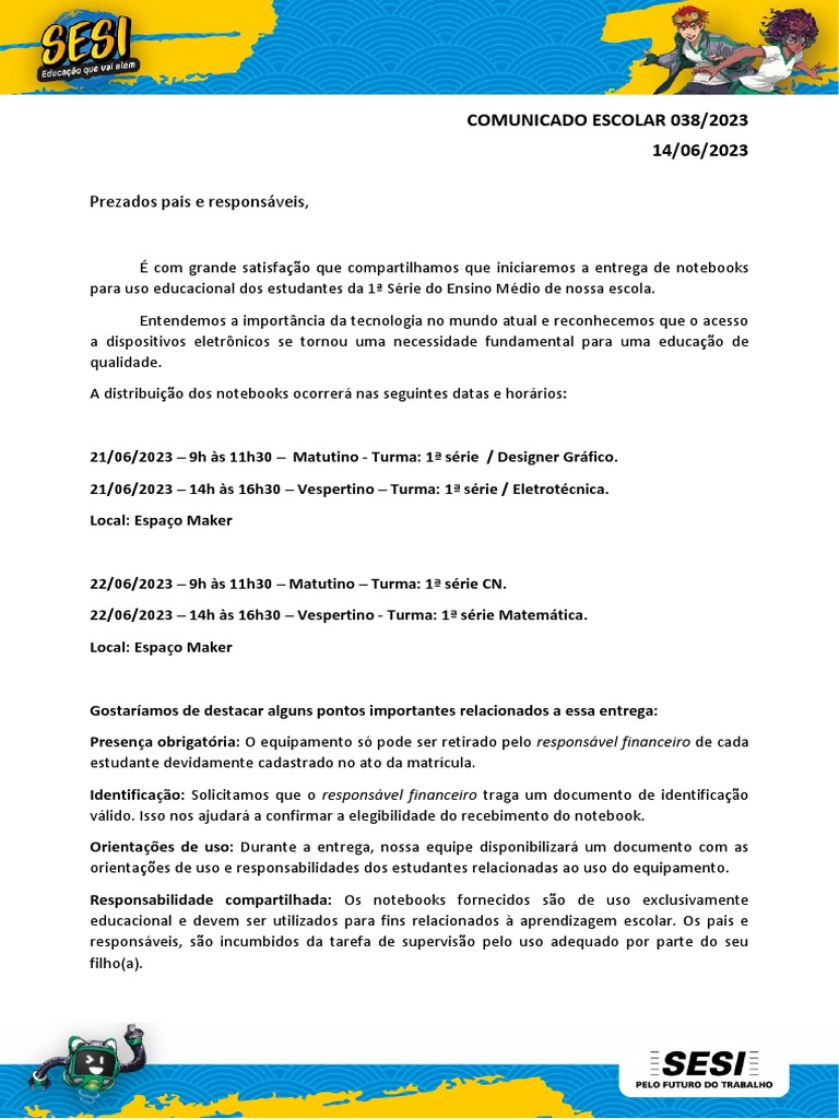 Comunicado Escolar - Entrega Dos Notebooks | PDF | Notebook | Aprendizado