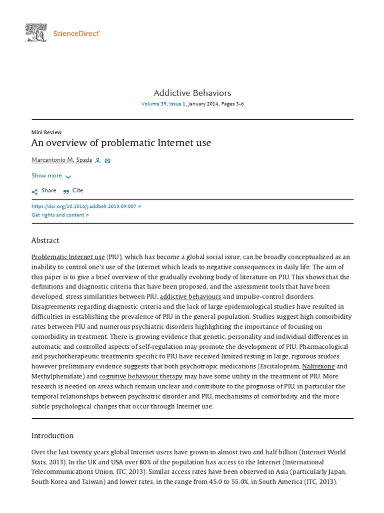 Spada Marcantonio, An Overview of Problematic Internet Use, Add Behav 2014 | Download Free PDF ...
