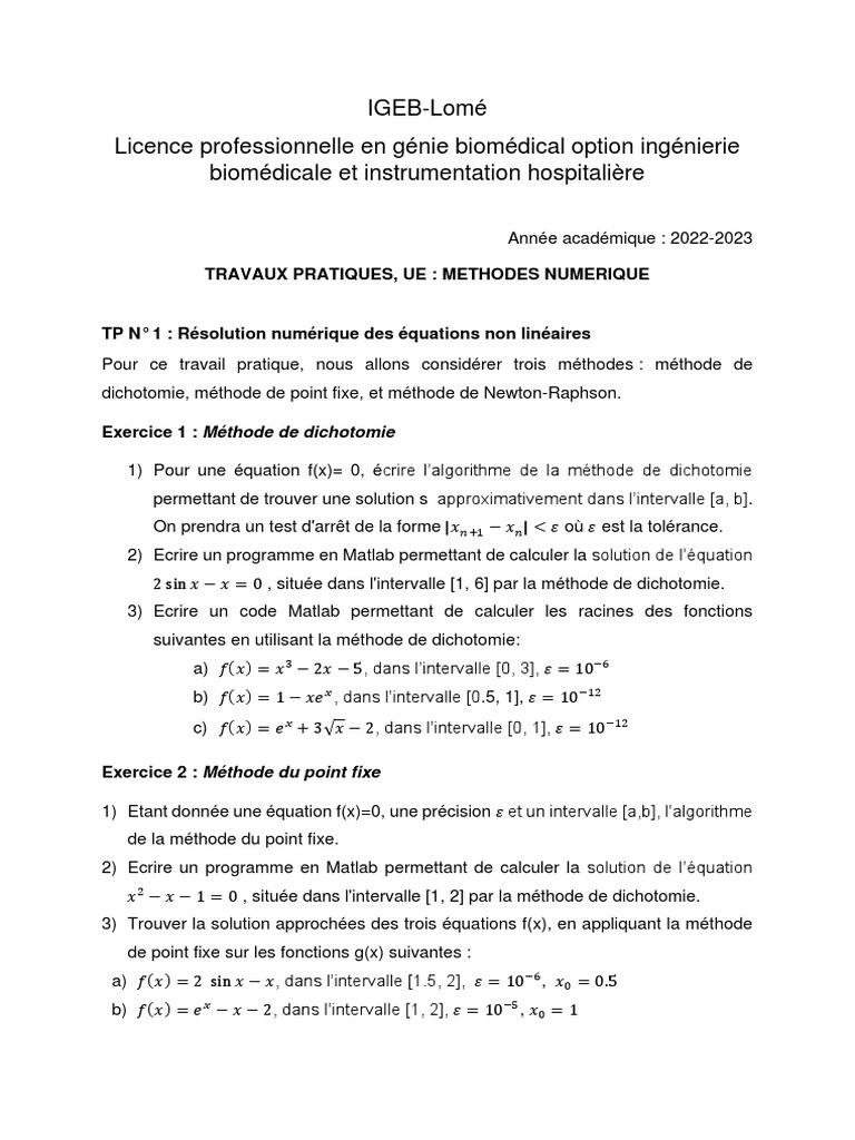TP Méthode Numérique 2022 | PDF | Équations | Analyse numérique