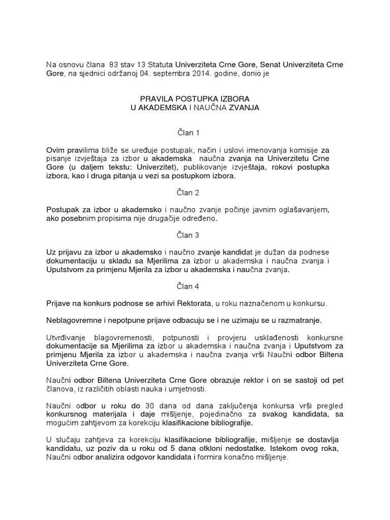 Pravila Postupka Izbora U Akademska I Naučna Zvanja | PDF