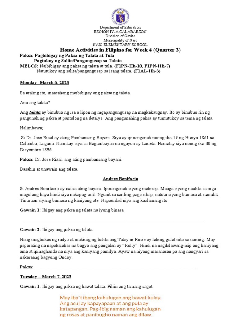 Q3W4 Home Activities in Filipino | PDF