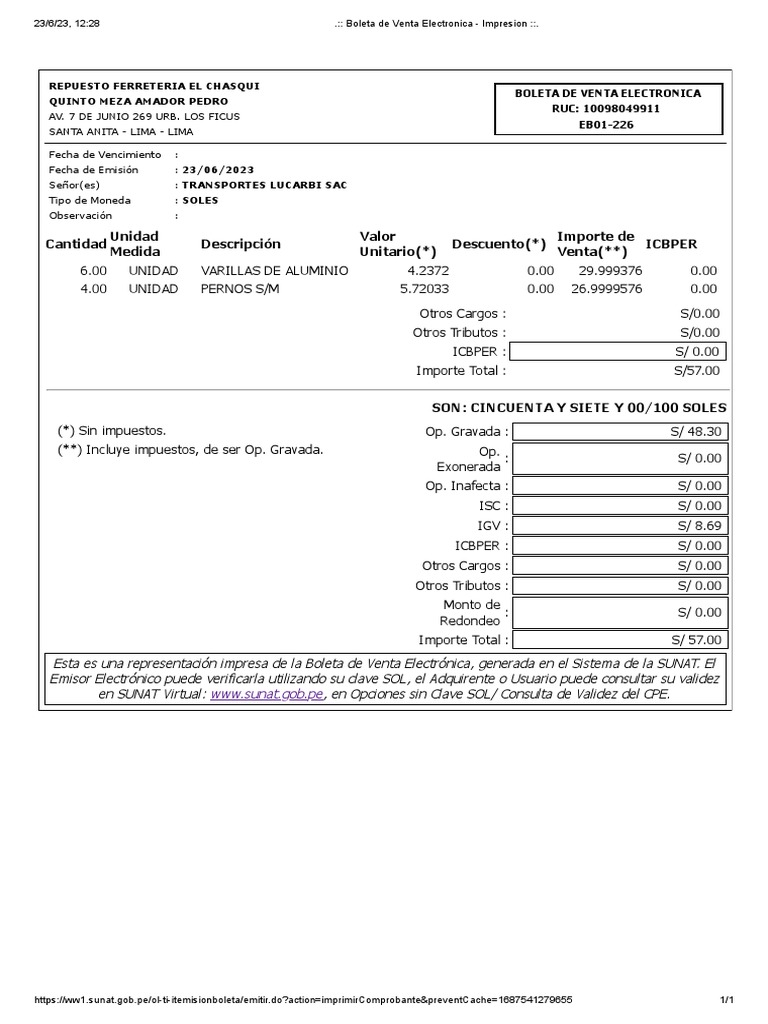 Boleta de Venta Electronica - Impresion | PDF