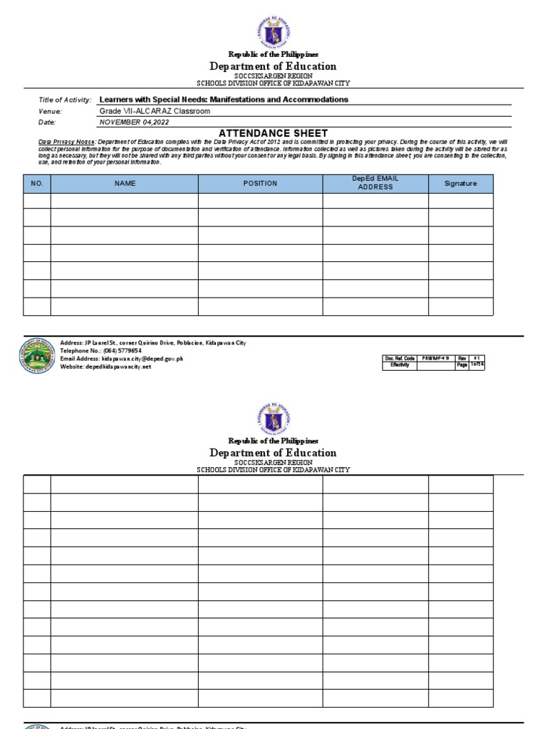 Sample Attendance Sheet | PDF | Information Privacy | Internet Privacy