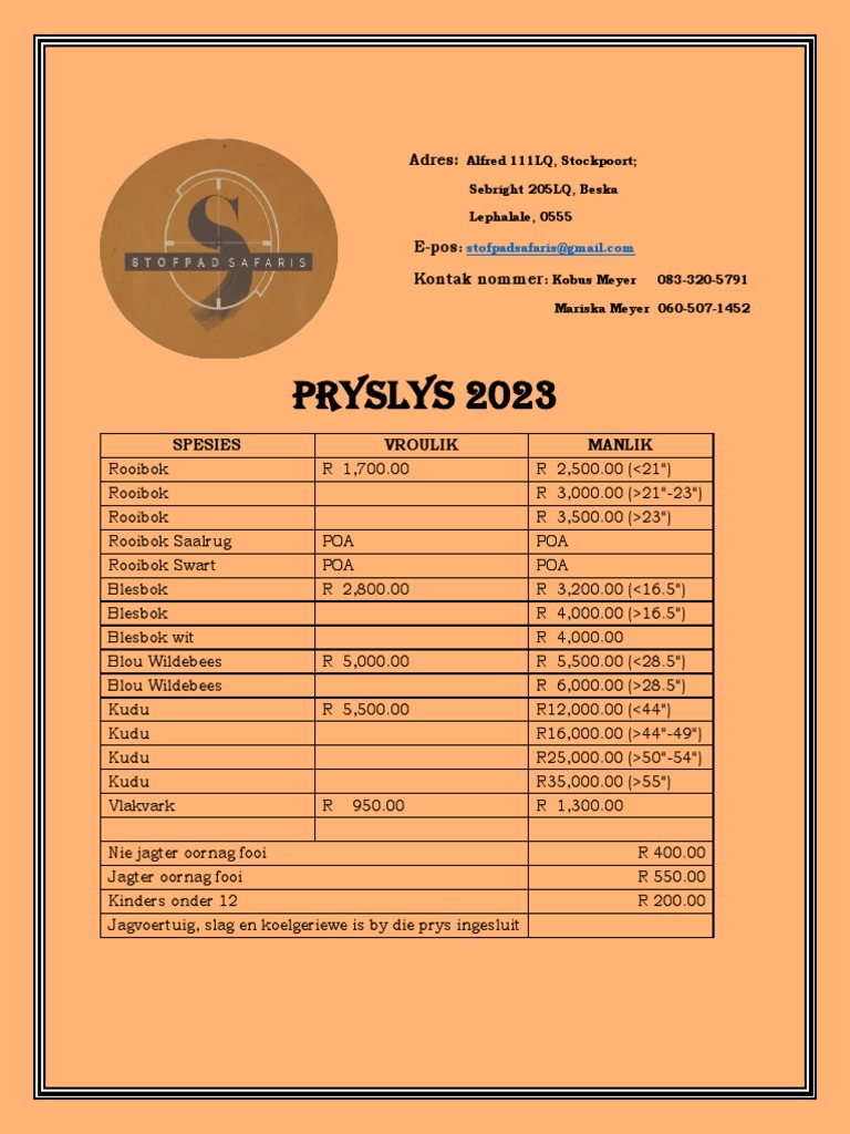 Stofpad Safaris Pryslys 2023 | PDF