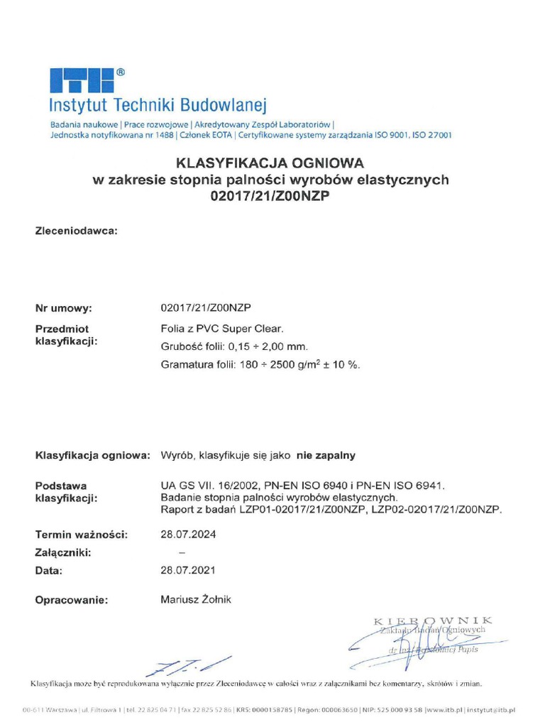 Certyfikat ITB Folia PVC | PDF