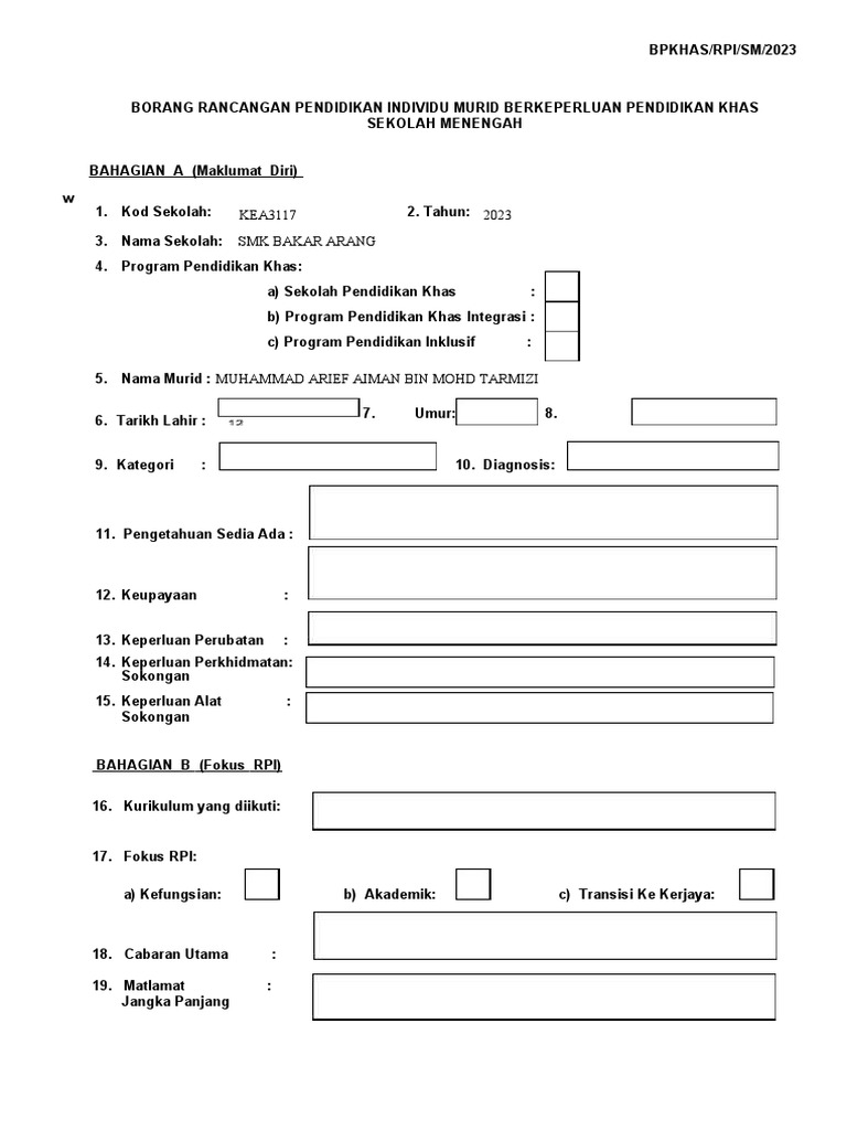 Borang RPI Sekolah Menengah | PDF