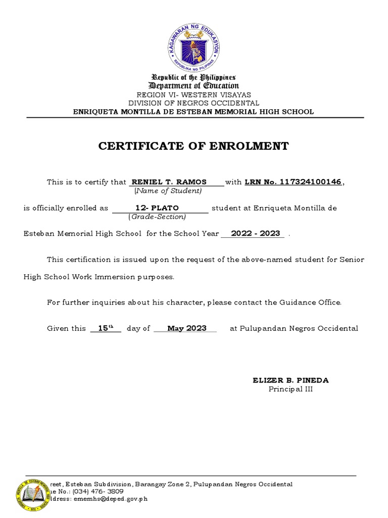 Certificate of Enrollment Immersion | PDF