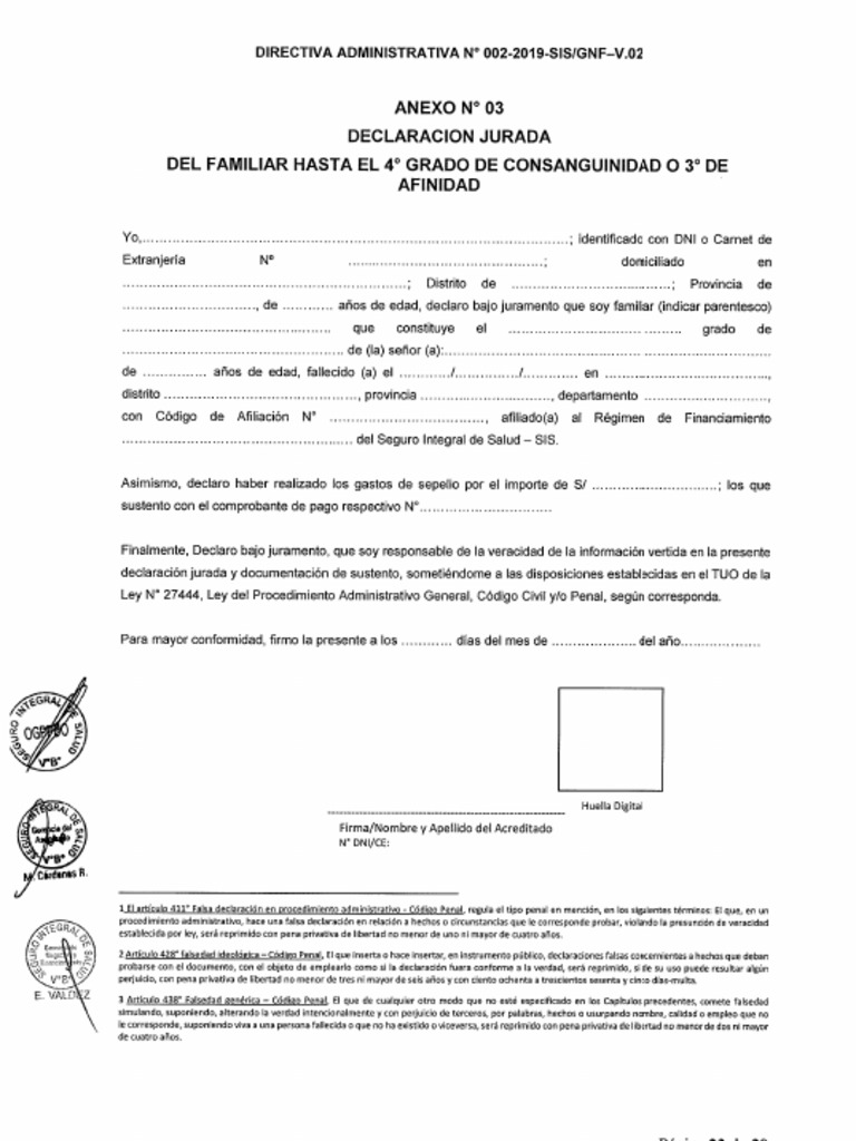 Anexo N°03 - Declaración Jurada Del Familiar Hasta El 4° Grado de Consanguinidad o 3° Grado de ...