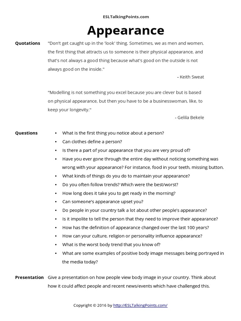 Appearance Esl Efl Tefl Conversation Questions | PDF