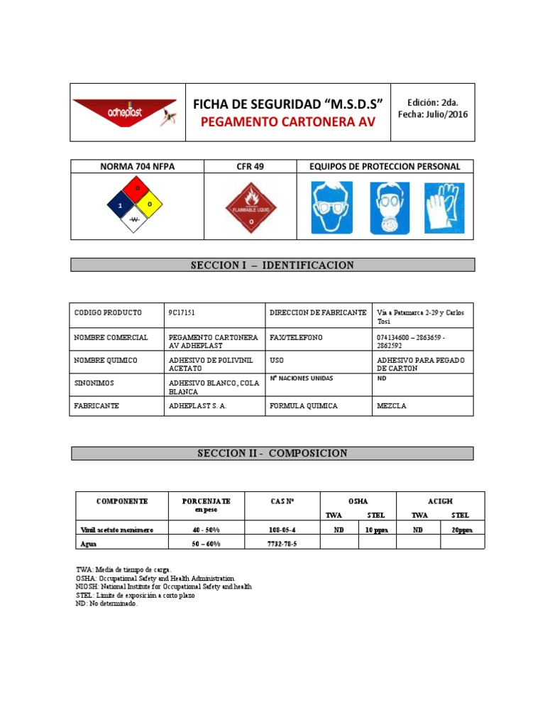 MSDS de Pegamento Cartonera Av Adheplast | PDF | Agua | Administración de Seguridad y Salud ...