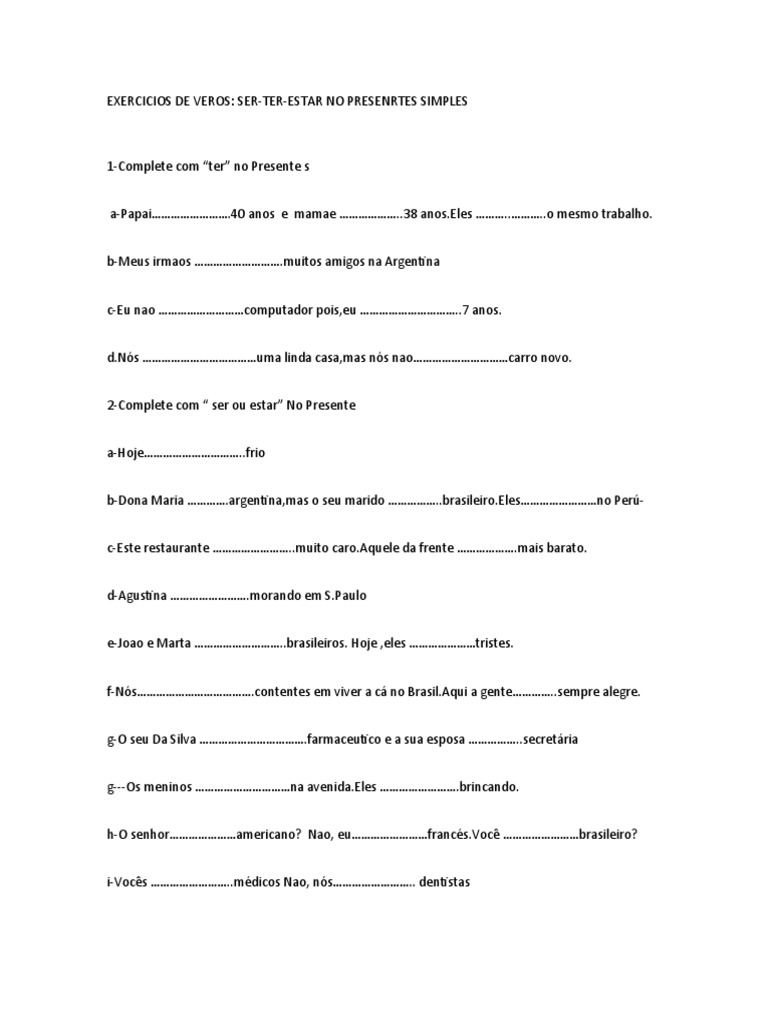 Exercícios de Verbo Ser, Ter e Estar | PDF