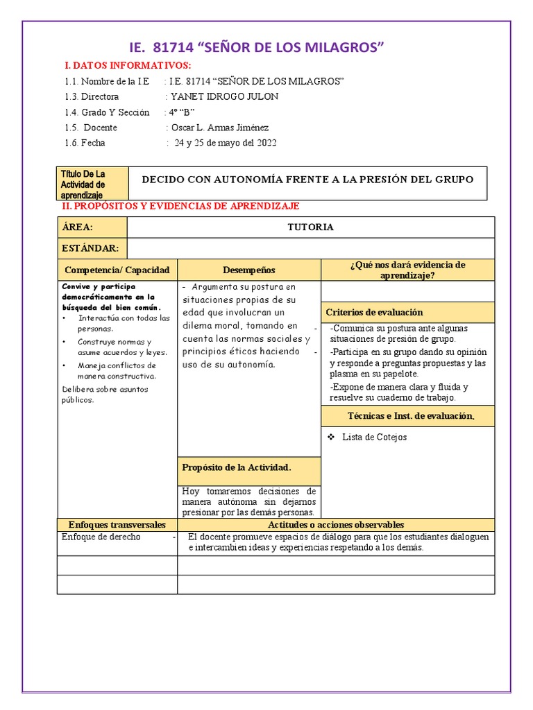 Actividad 4 Semana 4 Dia 27 - de Mayo Tutoria | PDF | Evaluación | Aprendizaje