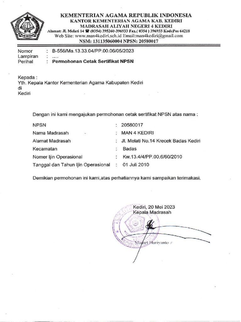 Surat Permohonan Cetak Sertifikat NPSN | PDF