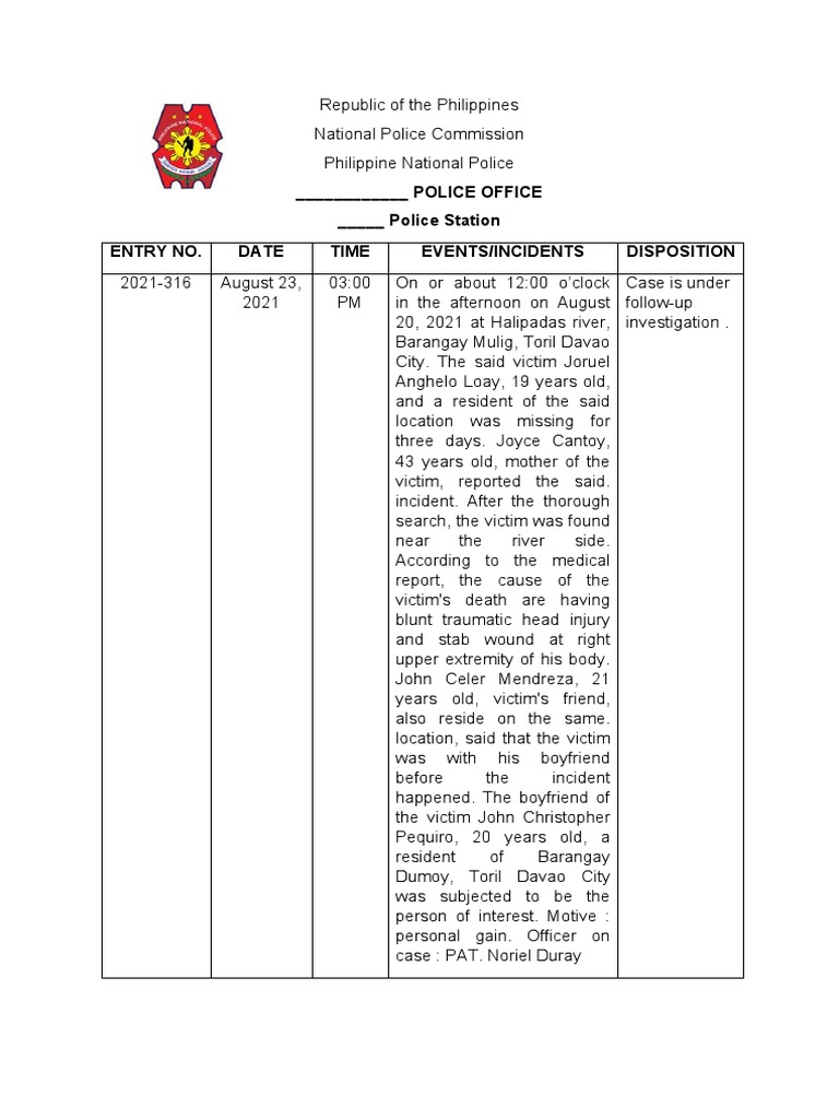 Blotter Report | PDF | Murder | Law Enforcement