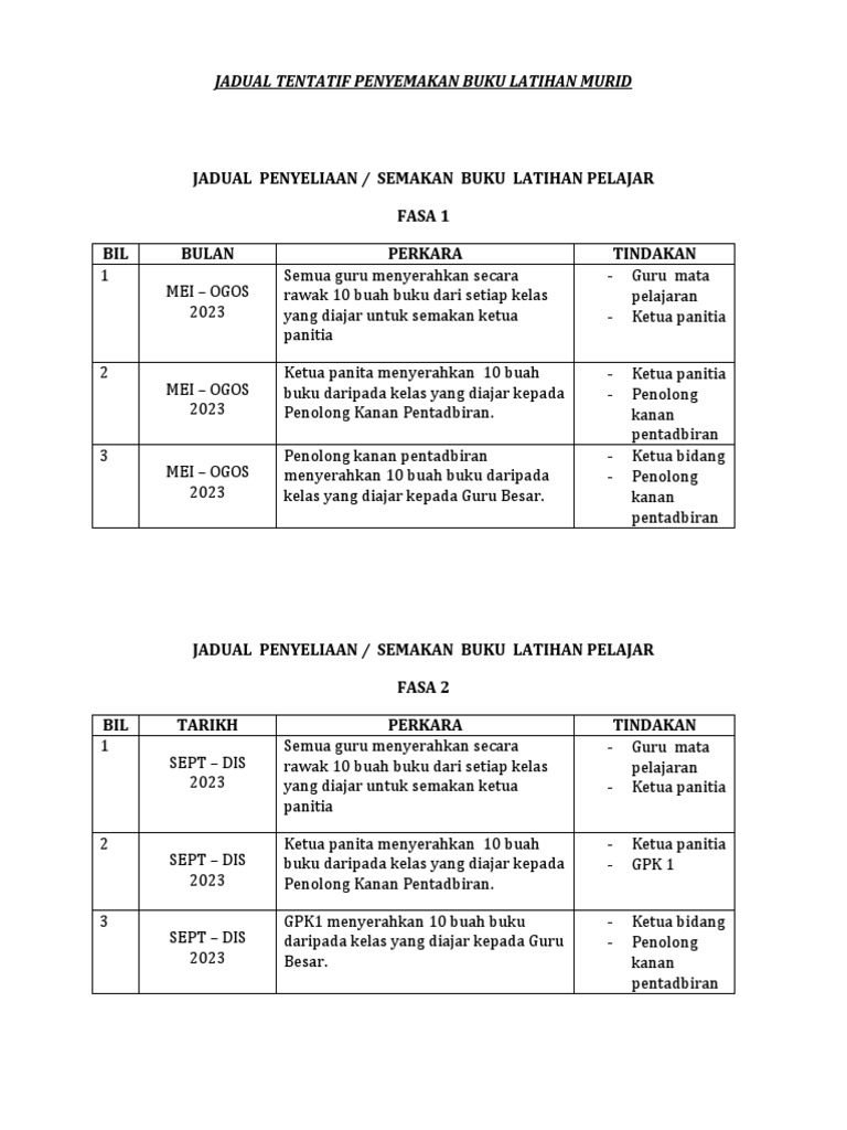 JADUAL SEMAKAN BUKU LATIHAN 2023 | PDF